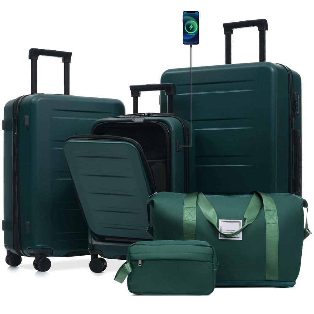 LIVACA 5-Piece Dark Green Hardside Expandable Luggage Set with Front ...