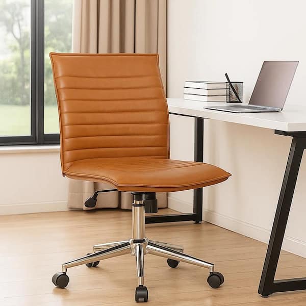 Benjara Haily Vinyl Rolling Task Chair in Caramel Brown and Chrome ...
