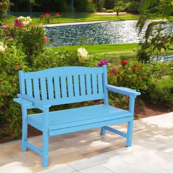 Adirondack 46.5 in. 2-Person Blue HDPE Plastic Outdoor Bench Garden ...