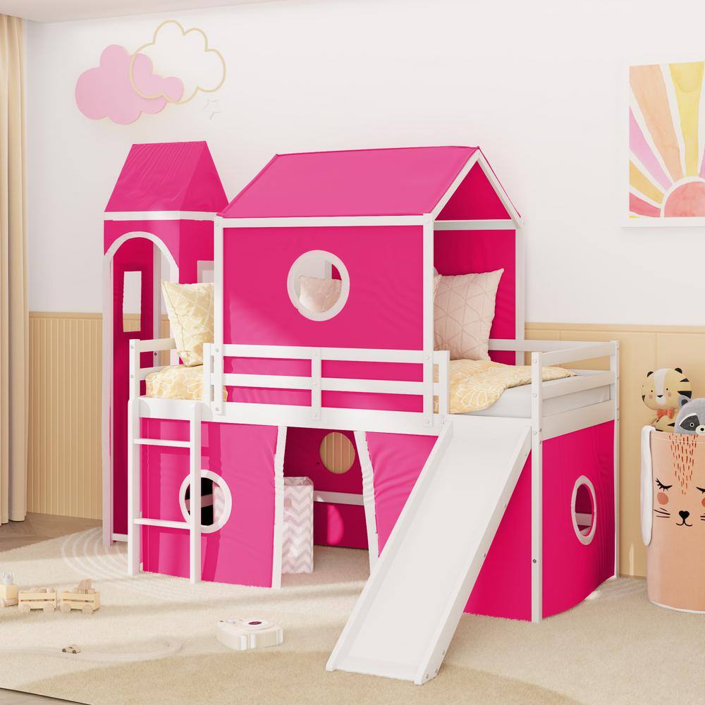 Pink Twin Size Wood Loft Bed with Slide, Tent, Tower and Ladder ...