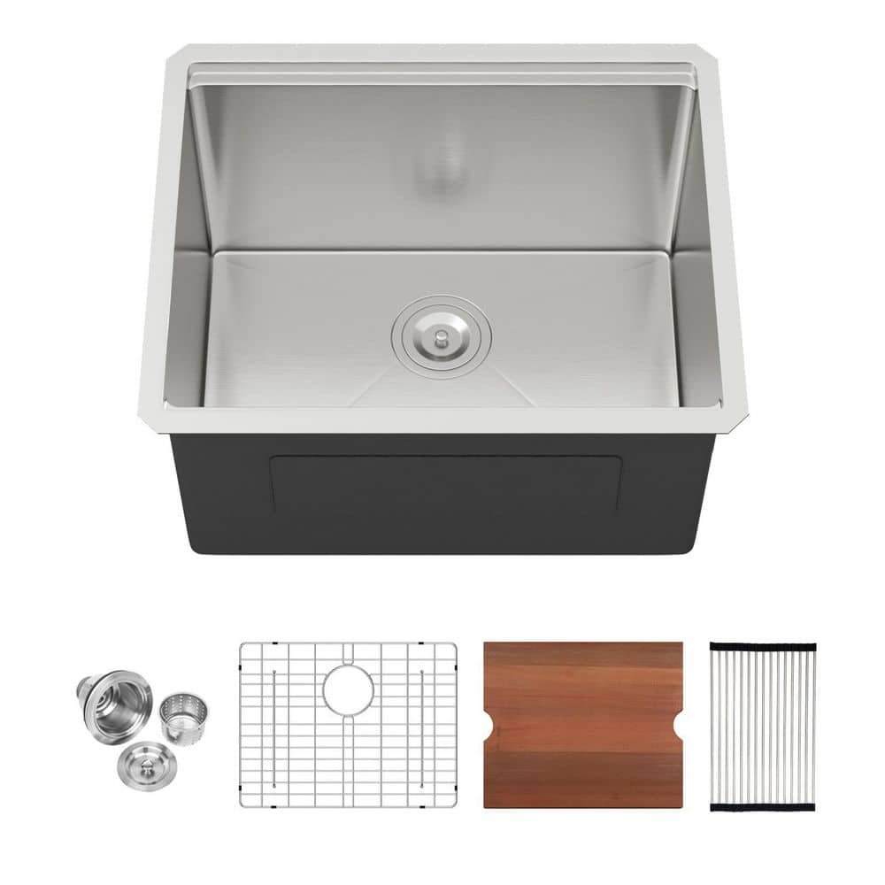 ANGELES HOME 21 in. Undermount Single Bowl 16 Gauge Brushed Nickel ...
