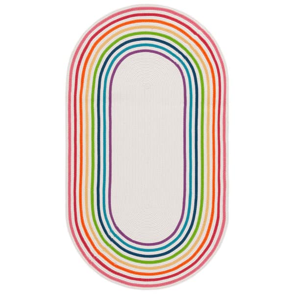 SAFAVIEH Braided 4 ft. x 6 ft. Ivory/Rainbow Border Striped Solid Oval ...