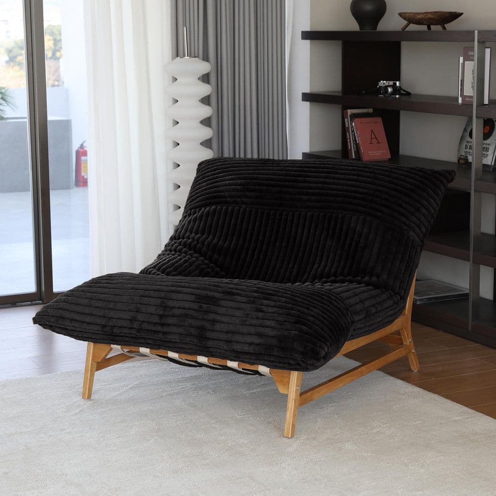 J&E Home 47.2 in. Black Rabbit Hair Plush Fabric Armless Solid Wood ...