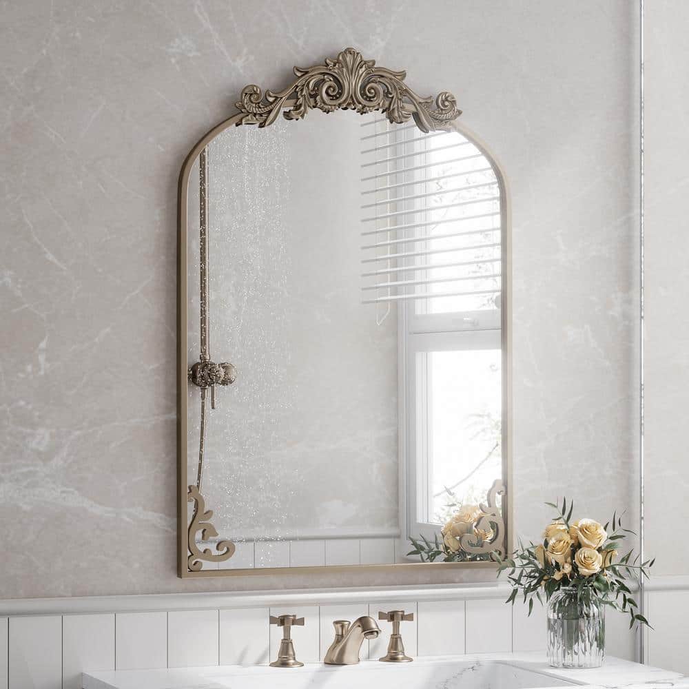 GLSLAND 24 in. W x 38 in. H Arched Bronze Metal Framed with Carved ...