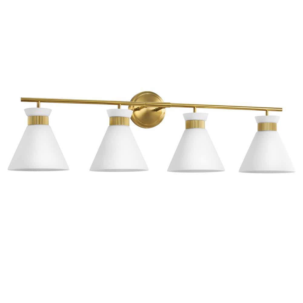 KAISITE 36 in. 4-Light Brushed Gold Vanity Light with Milk White Glass ...