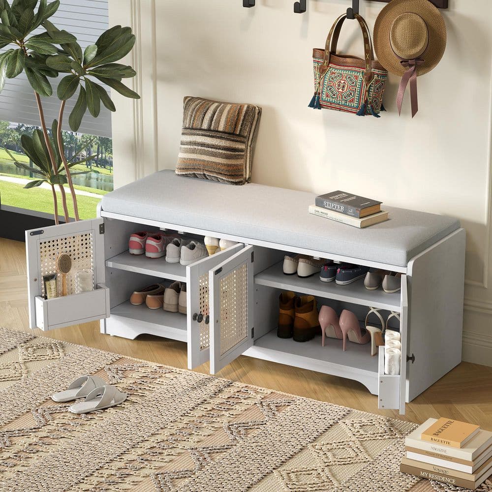 Harper & Bright Designs White Storage Bench with Removable Beige ...