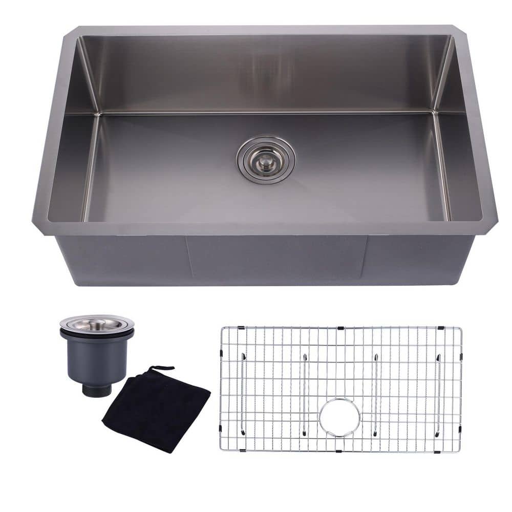 AVITAS 32 in. Undermount Single Bowl 16 Gauge Brushed Nickel Stainless ...