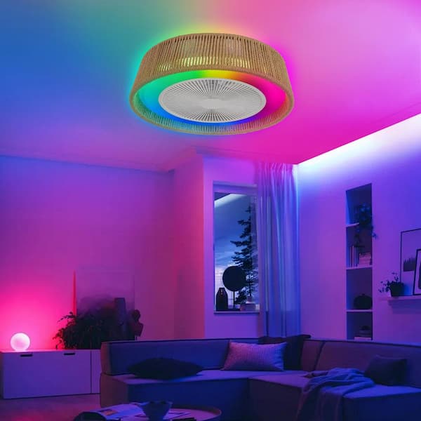 Byteany 21 in. White Indoor Rope Woven Ceiling Fan with RGB Light and ...