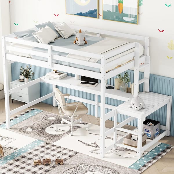 Harper And Bright Designs White Wood Frame Full Size Loft Bed With Built
