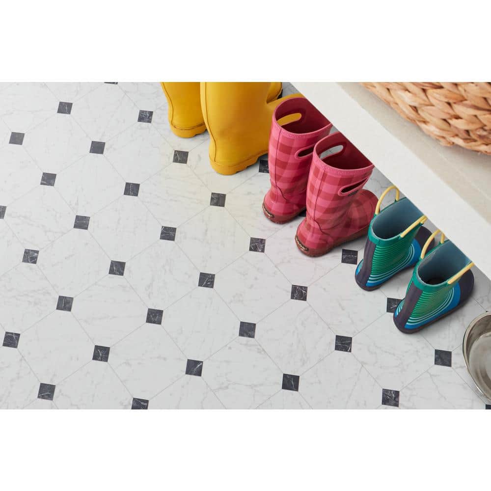 Buy Black and White Marble Paver Residential Vinyl Sheet Flooring 12ft ...