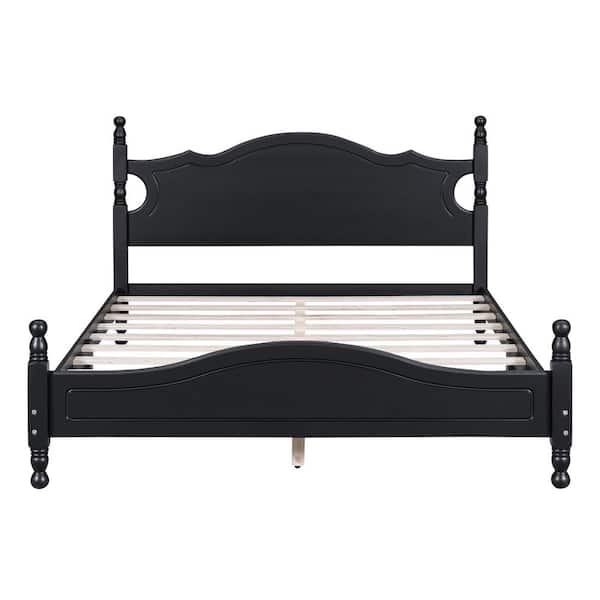 Harper Bright Designs Retro Style Black Wood Frame Queen Size Platform Bed with Royal Style Headboard and Extra Support Legs LHC058AAB Q