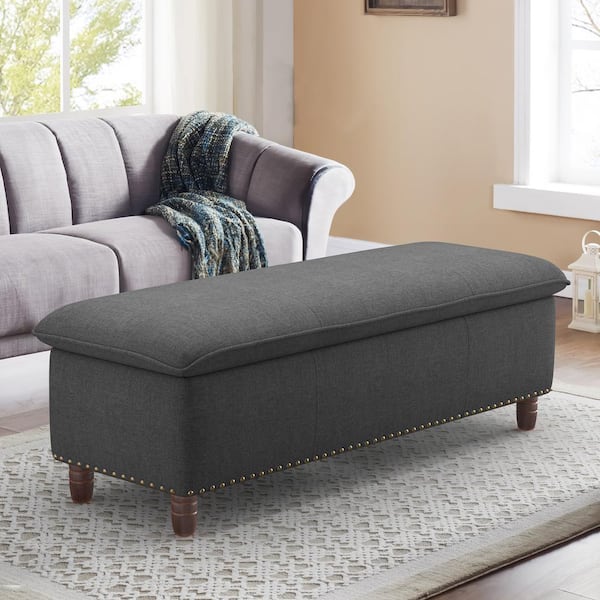 LUE BONA 49 in. Carbon Gray Upholstered Fabric Storage Ottoman with ...