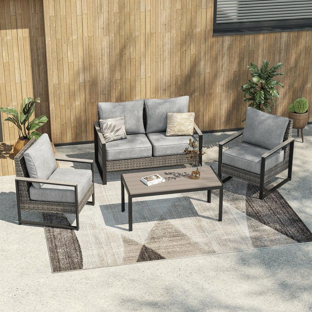 JOYESERY 4 Pieces Patio Conversation Set with Coffee Table and Ottomans ...
