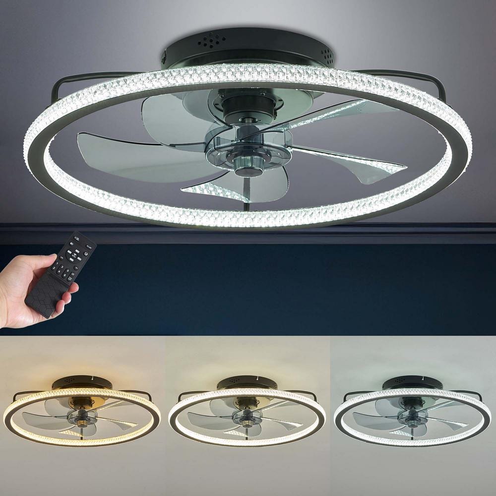 FANNEHONNE 20 in. LED Indoor Black Low Profile Ceiling Fan with Light ...