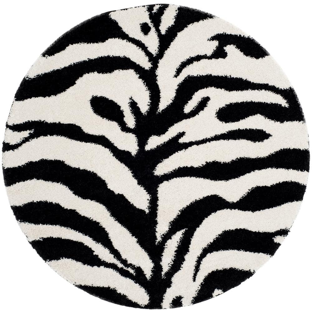 SAFAVIEH Florida Shag Ivory/Black 5 ft. x 5 ft. Round Animal Print Area ...