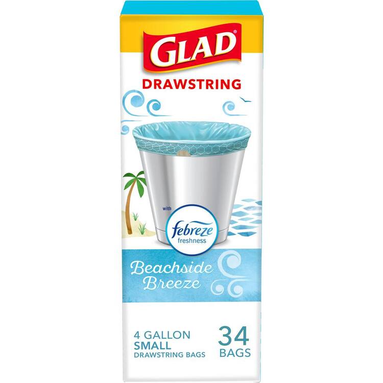 Glad 4 Gal OdorShield Febreze Beachside Breeze Small Drawstring Trash ...