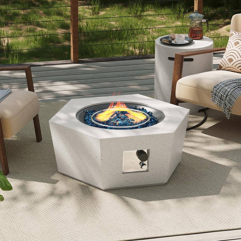 UPHA 41 in. 50,000 BTU Off-white Hexagon Polygon Terrazzo Outdoor Propane Gas Fire Pit Table ...