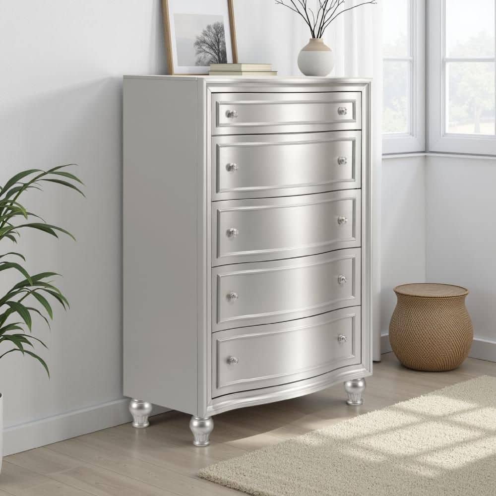 Benjara Felix Silver 5-drawer 68 in. Wide Tall Chest of Drawers Dresser ...