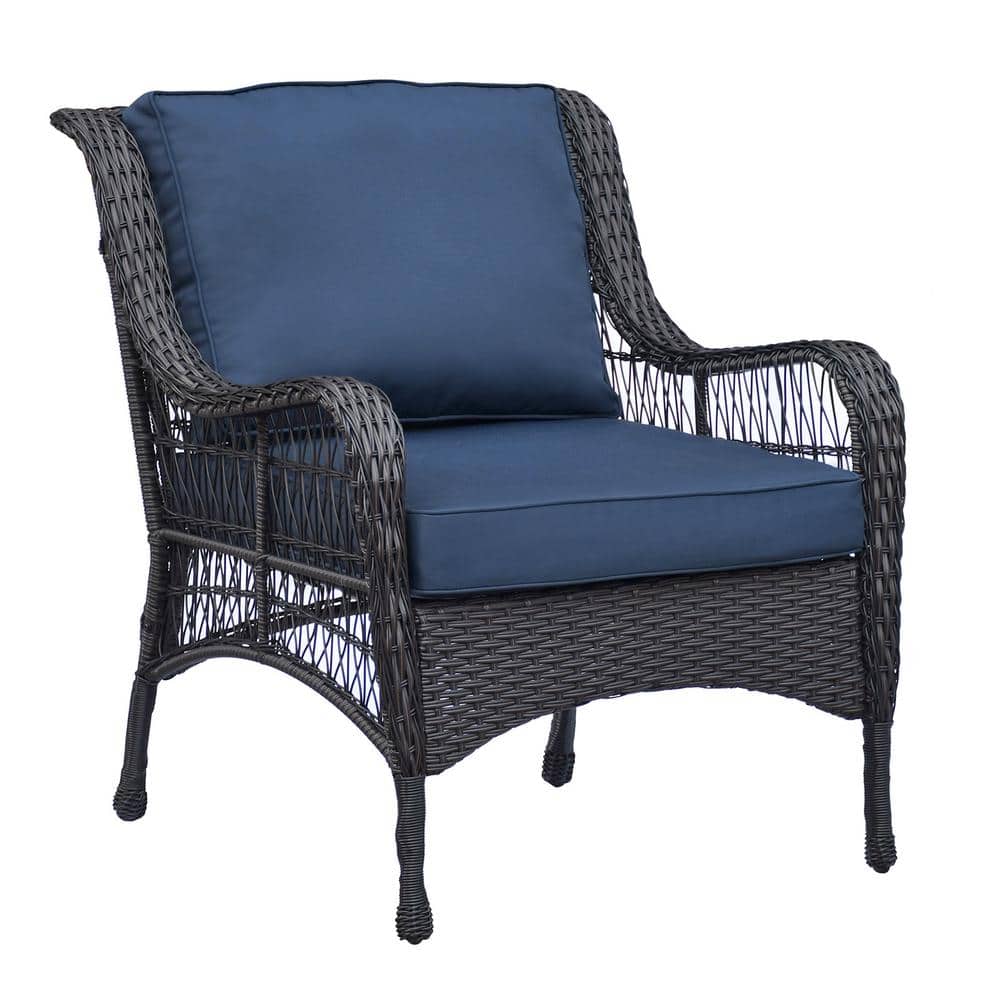 Black Wide Wicker Outdoor Lounge Chair with Navy Blue Cushions for ...
