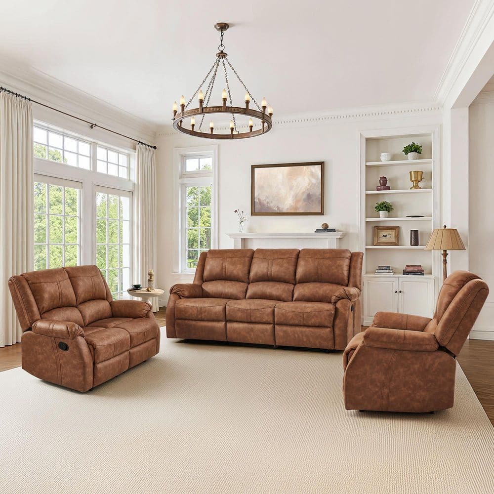 OrangeOne Jake 80.7 in. W Saddle Brown 3-Piece Leather Rectangle Push ...