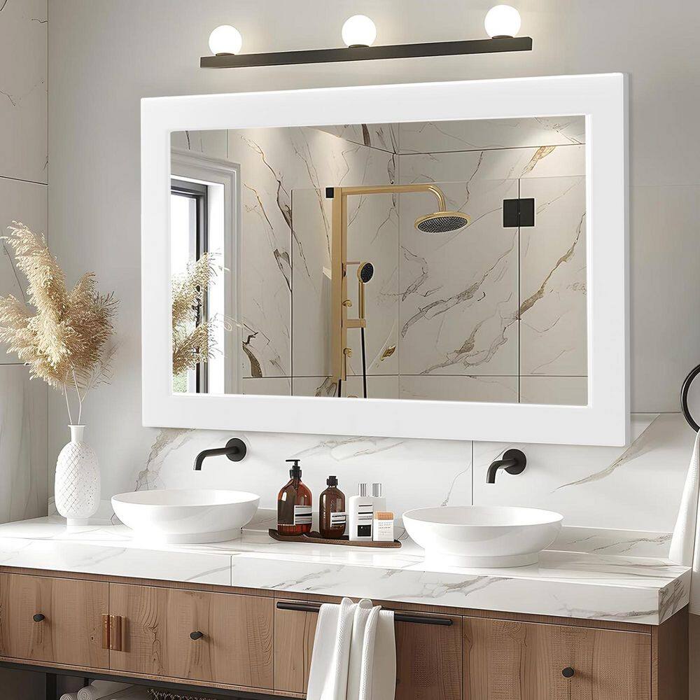 Sxiawe 36 in. W x 54 in. H Simple Rectangular White Wood Frame Bathroom ...