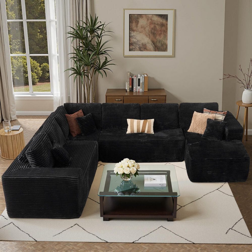 Allwex VJ 135 in. Wide Arm 4-Piece Modern Plush Corduroy U-Shape ...