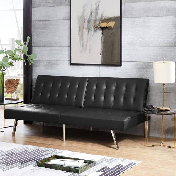 HOMESTOCK Black, Faux Leather Tufted Split Back Futon Sofa Bed, Couch Bed, Futon Convertible ...