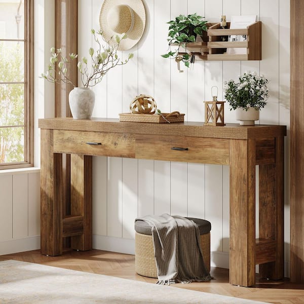 BYBLIGHT Turrella 63 in. Rustic Brown Rectangle Wood Console Table with ...