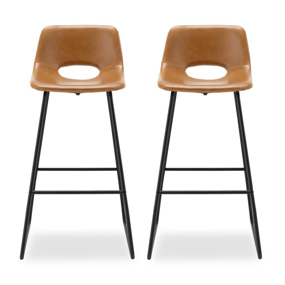 LUE BONA 39 in. Whiskey Brown Low Back Metal Frame Bar Stools with Faux ...