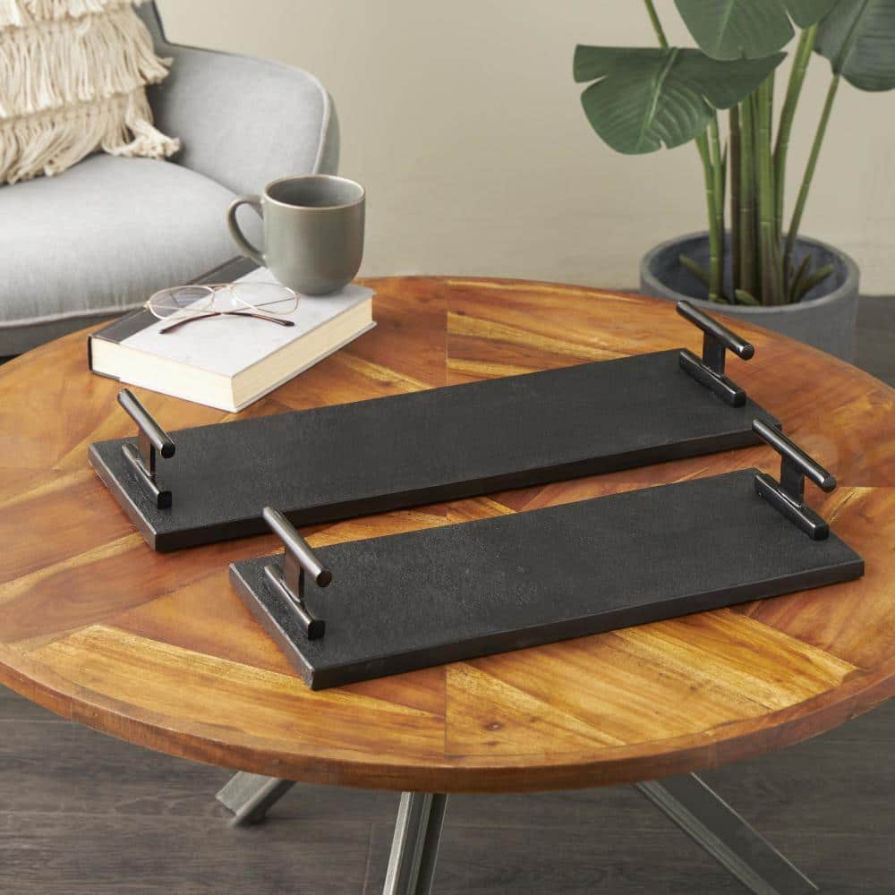 Litton Lane Black Marble Slim Textured Decorative Tray with Rod Handles ...