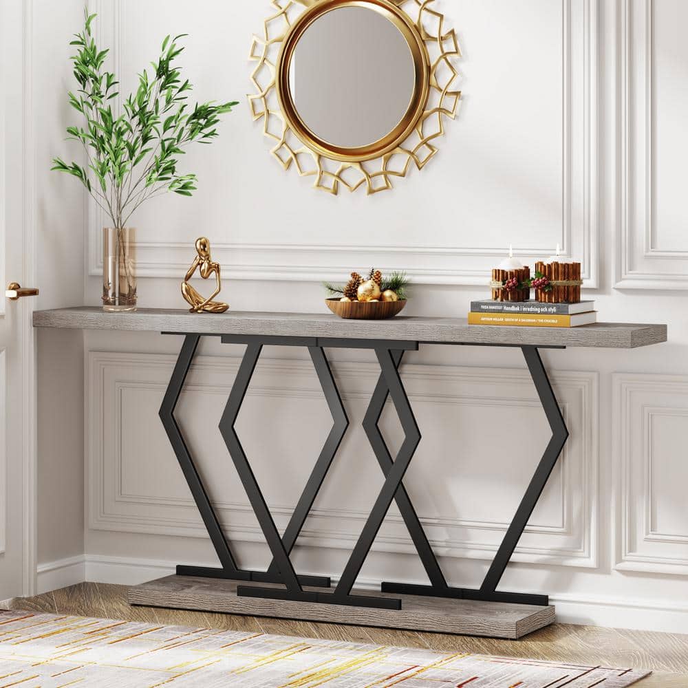 BYBLIGHT Turrella 70.9 in. Gray and Black Narrow Rectangle Wood Console ...