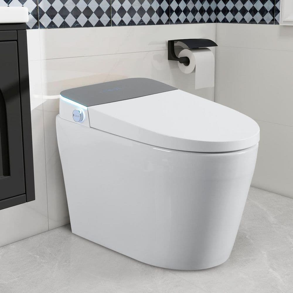 UPIKER 12 in. 1-Piece Round Bidet Toilet 1.28 GPF Single Flush in White Heated Seat with Auto ...