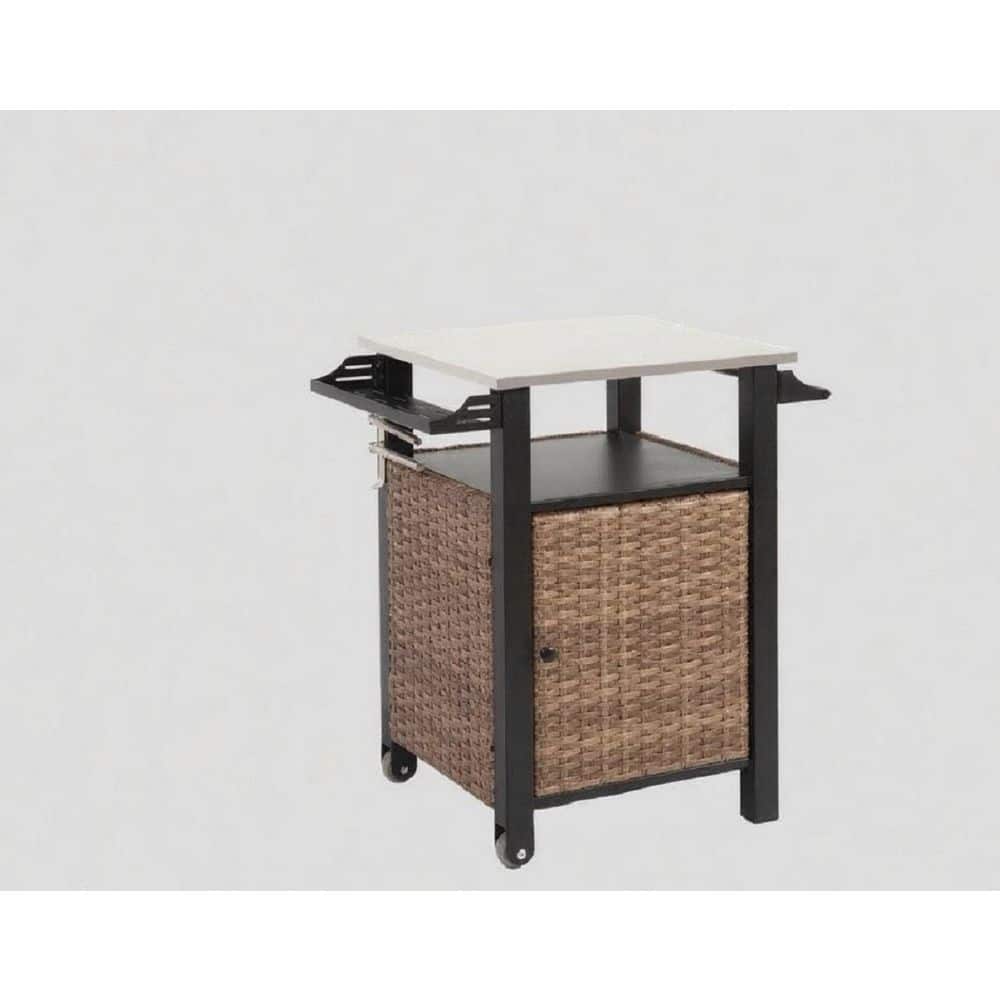Brown Outdoor Single Door Wicker Serving Cart with Storage Cabinet ...