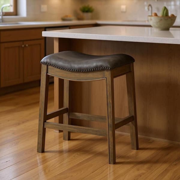HomeRoots 25.88 in. H Cool Gray Low Back Wood Bar Stool with Faux ...