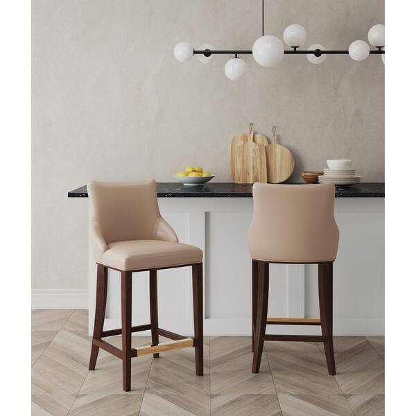 Manhattan Comfort Shubert 29.13 in. Tan Beech Wood Bar Stool with Faux Leather Upholstered Seat Set of 2 2 BS019 TN