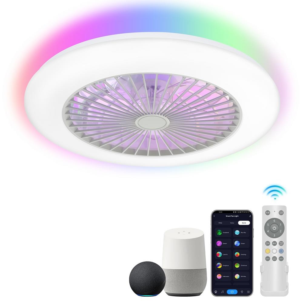 Breezary 19 in. Smart Indoor White Low Profile Ceiling Fan with RGB ...