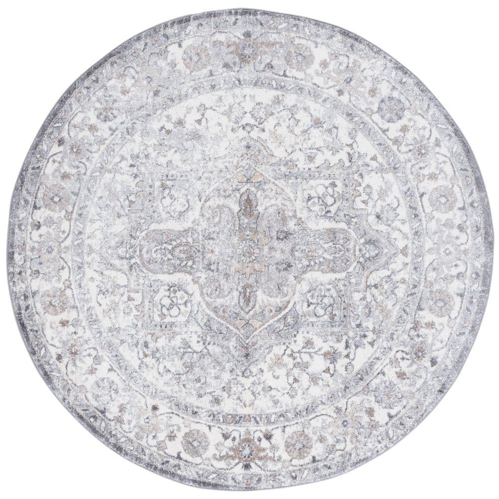 SAFAVIEH Opal 7 ft. x 7 ft. Gray/Ivory Distressed Ornate Floral Round ...