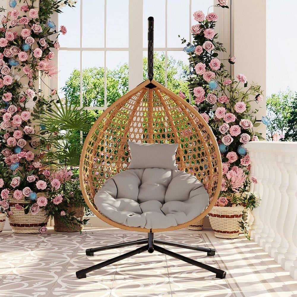Metal 1-Person Patio Swing Durable Hanging Egg Chair with Rattan Weaving, Soft Removable Grey ...