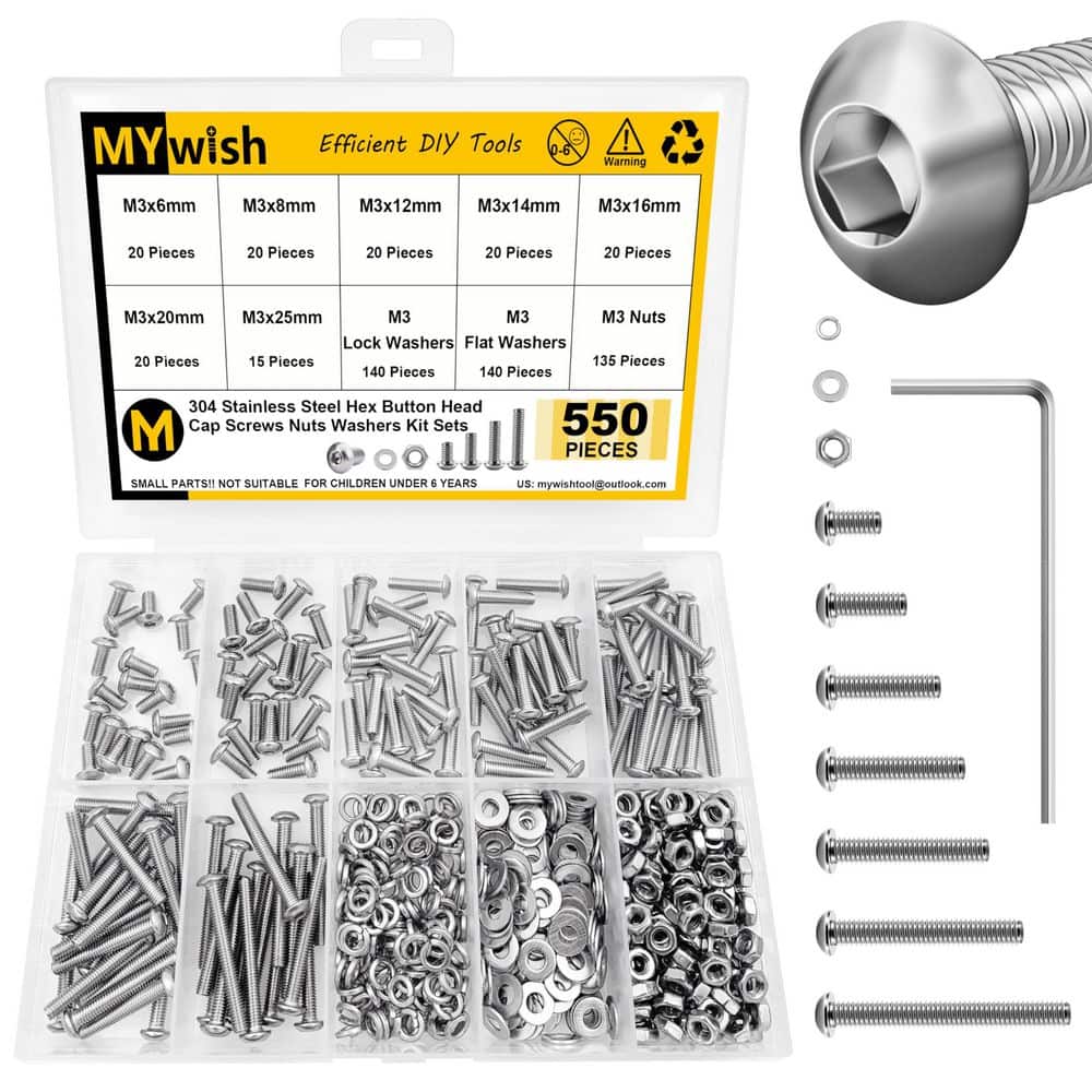 MYWISH 550-Piece M3 x Assorted 304 Stainless Steel Hex Drive Button ...