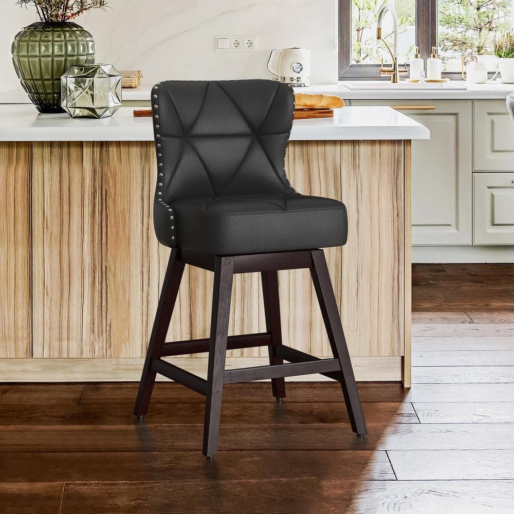 OrangeOne Zola 26 in. Black Wood Frame Swivel Bar Stool Faux Leather ...