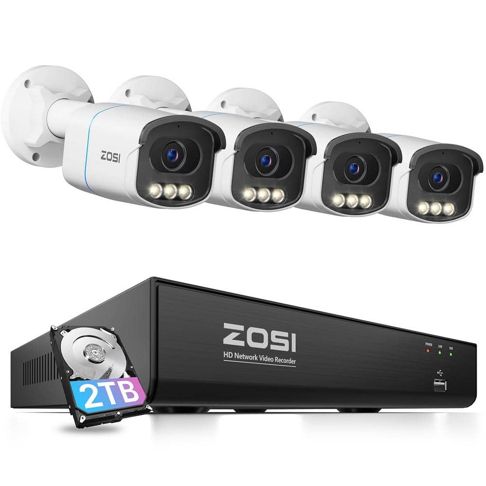 ZOSI 4K 8 Channel Wired PoE NVR Smart Security Camera System with 4Pcs Outdoor IP Cameras, True ...
