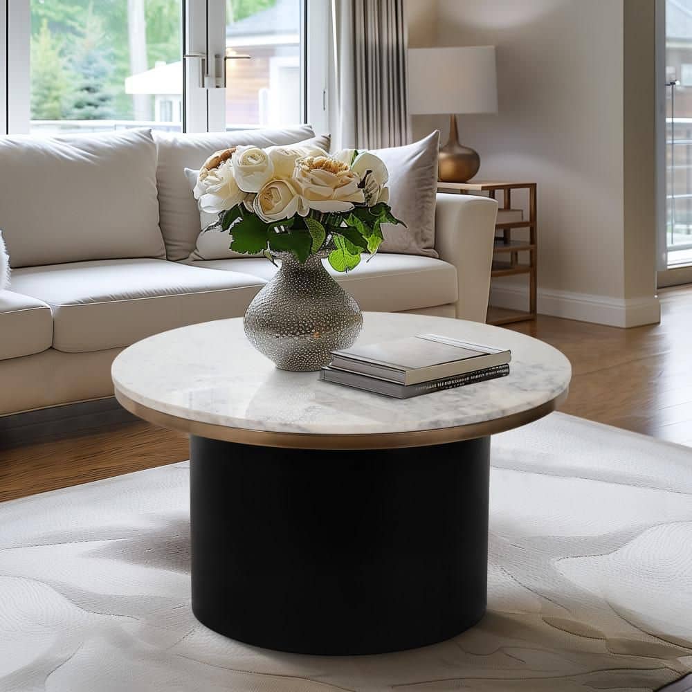 Liv & Skye 31 in. Black Round Marble/Metal Cylinder Coffee Table 18489 ...