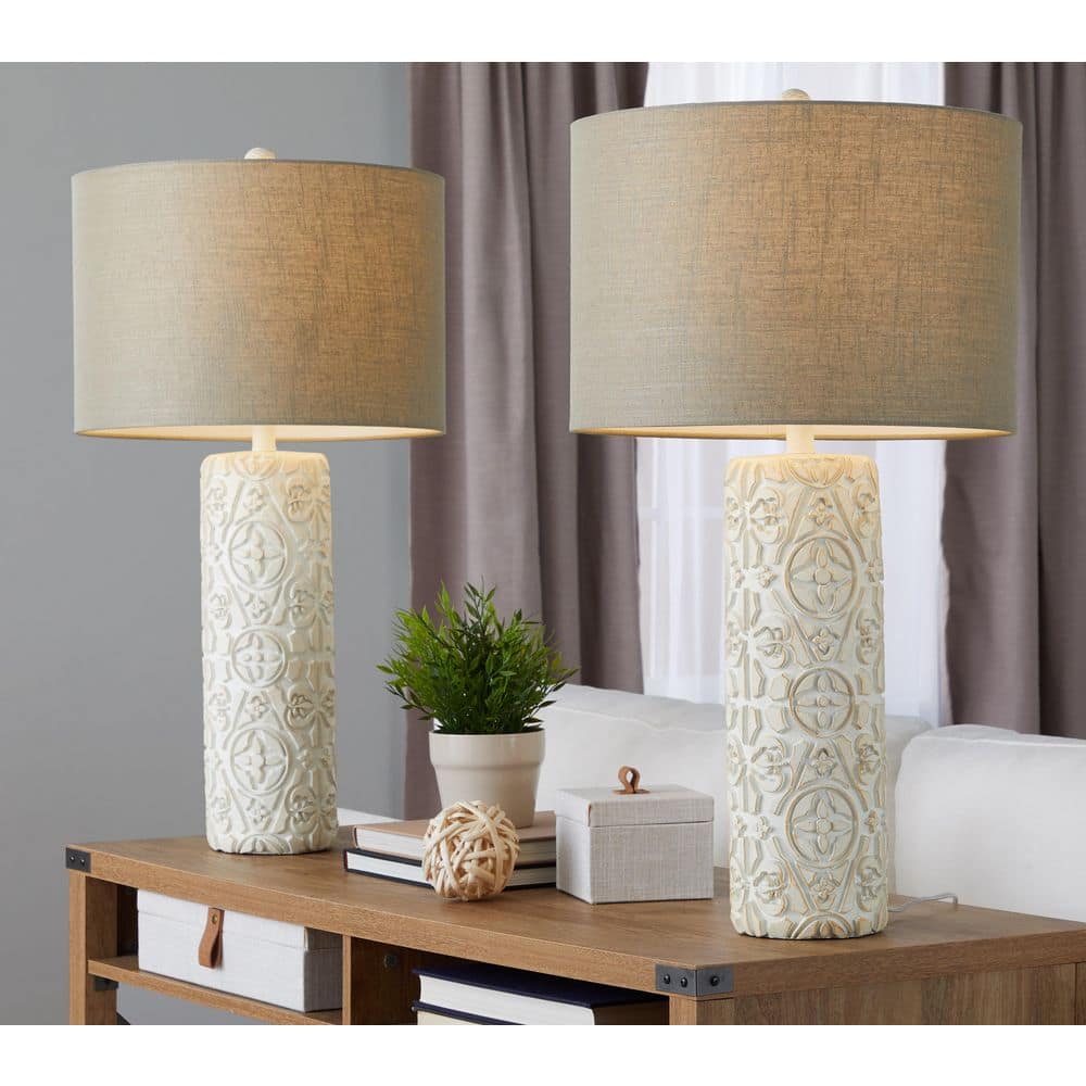 LumiSource Charlotte 31 in. Brushed Brown Polyresin and Beige Linen ...