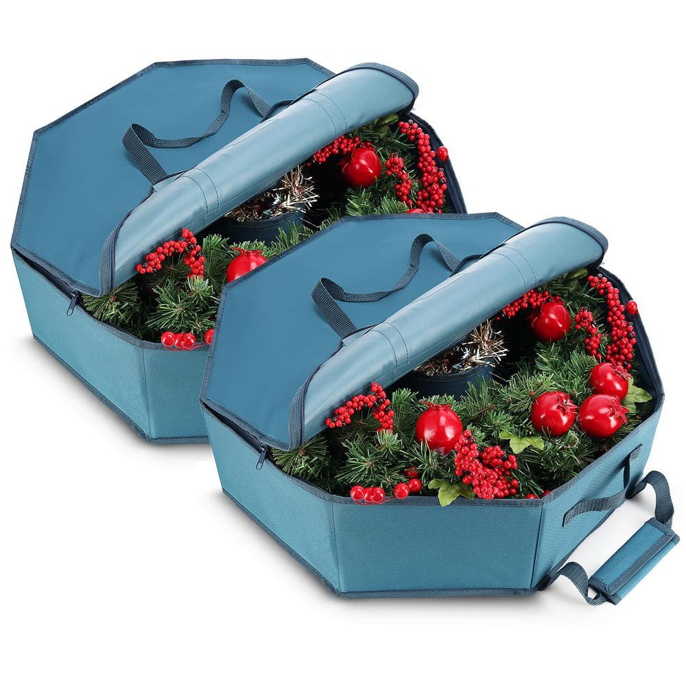 HEARTH & HARBOR 30 in. Blue Non-Woven Fabric Wreath Storage Container ...