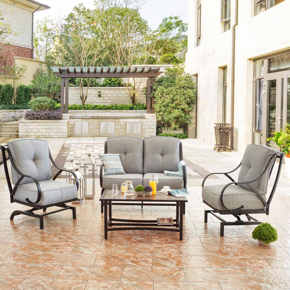 Patio Festival 4-Piece Metal Patio Conversation Set with Gray Cushions ...