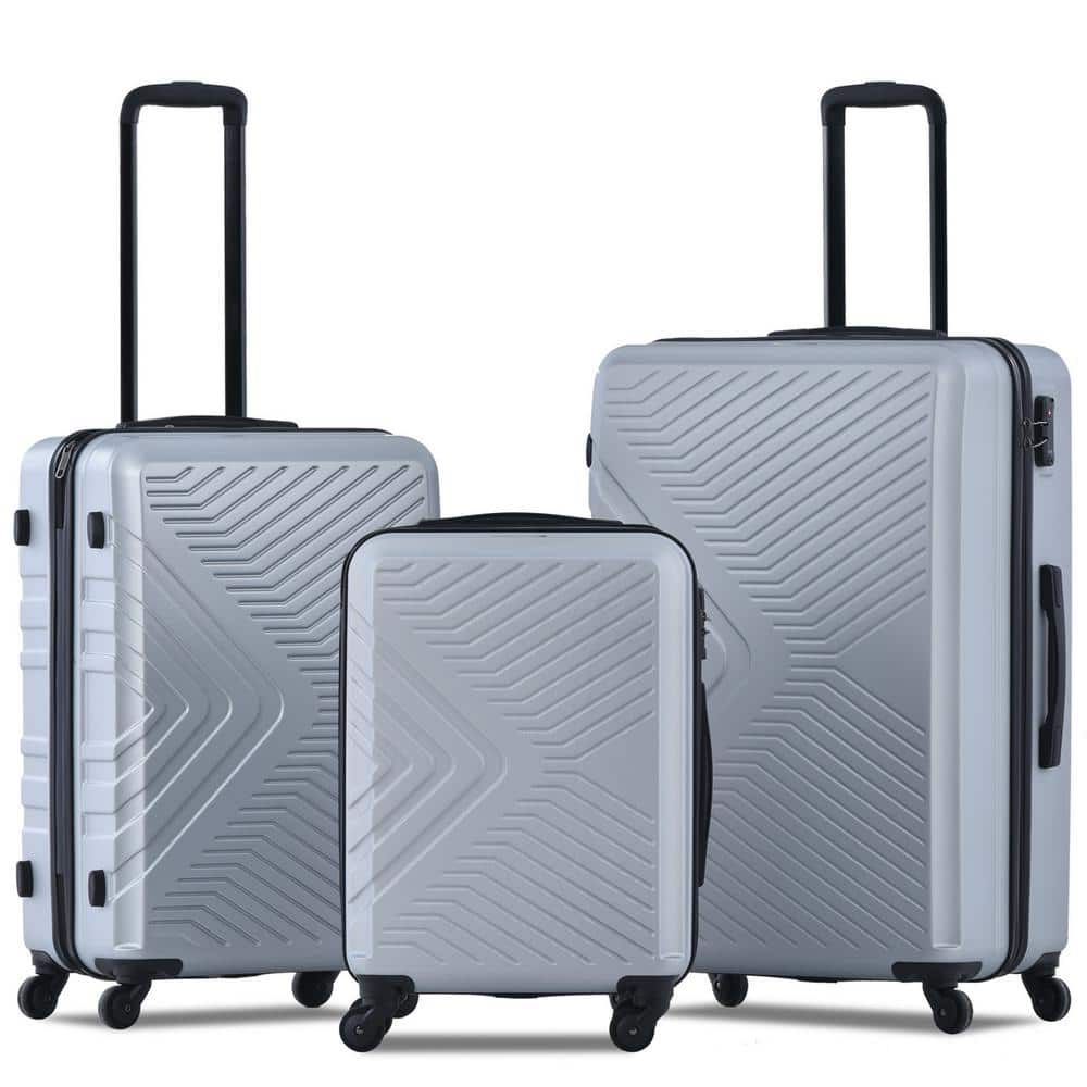 3-Piece Silver Luggage Sets ABS Lightweight Suitcase with Two Hooks ...