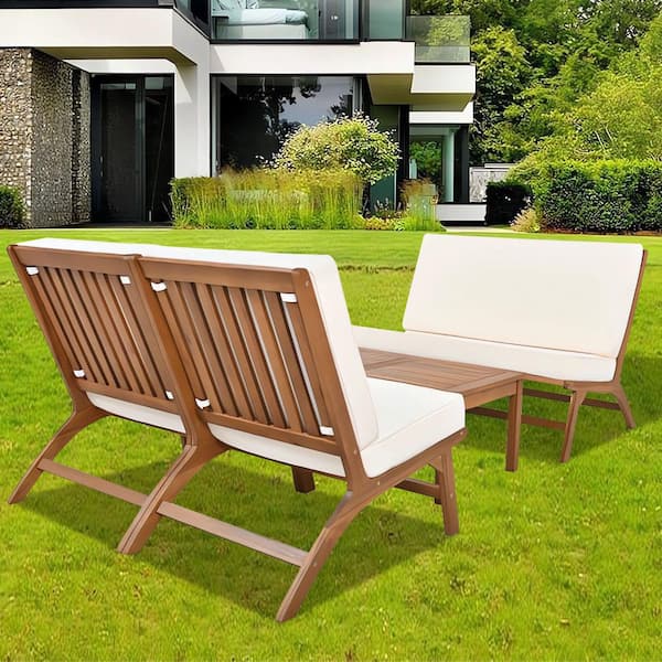 Cesicia Natural 4-Piece Wood Patio Conversation Seating Set with Beige ...