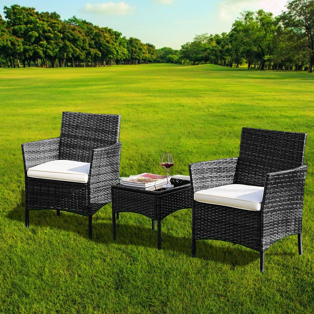 3-Piece Black Wicker Outdoor Bistro Sets with White Cushions and Matching End Table HD-3PS-BK ...