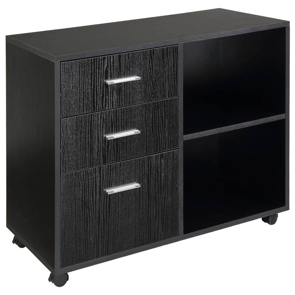HOMCOM Modern Black Office Filing Cabinet with 3-Storage-Drawers,-Open ...