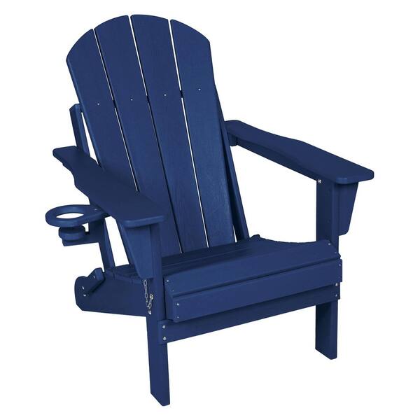 3-Piece Folding Navy Blue Adirondack Chair Set with Side Table, Wood ...